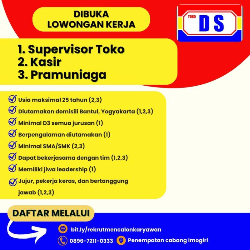 Lowongan Kerja SPV Toko - Kasir - Pramuniaga di Toko DS - LokerJogja.ID