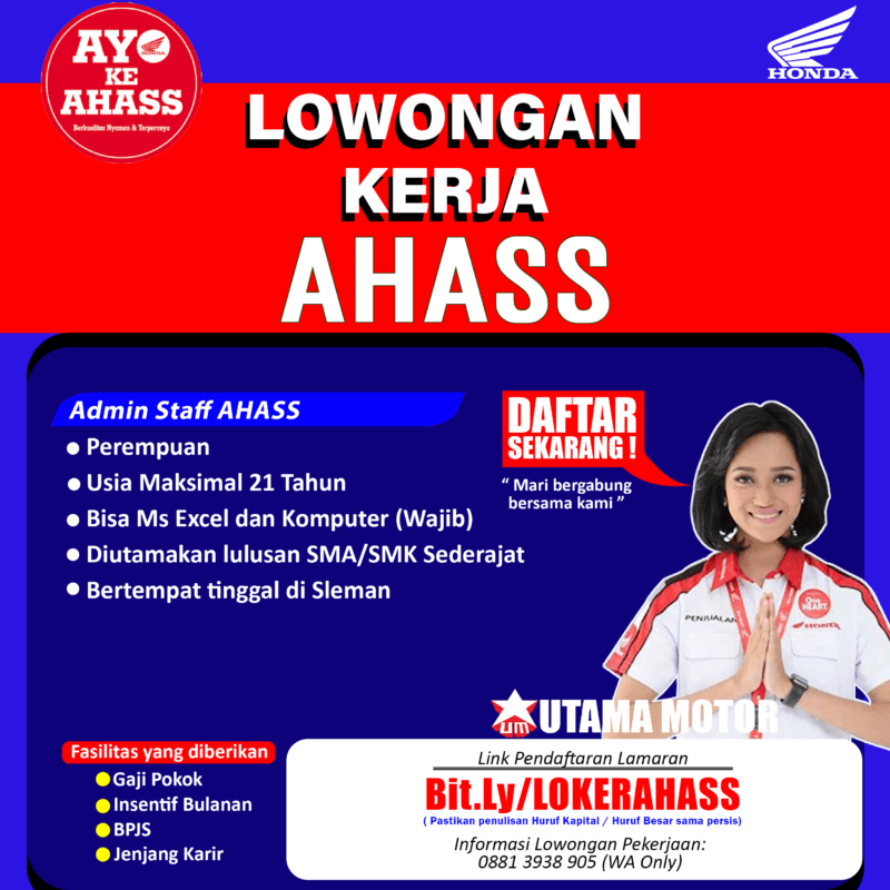 Lowongan Kerja Admin Staf AHASS di AHASS Utama Motor Group - LokerJogja.ID