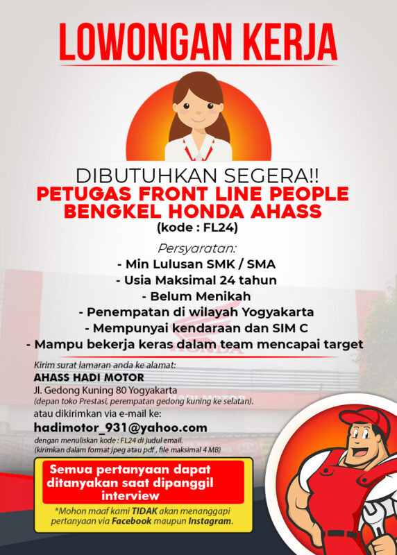 Lowongan Kerja Front Line People di Ahass Hadi Motor - LokerJogja.ID