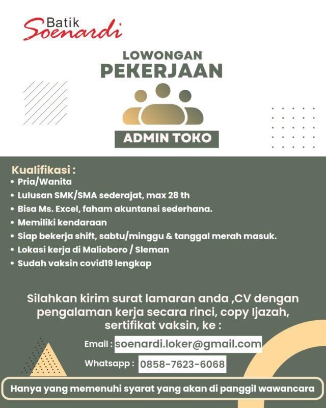 Lowongan Kerja Admin Toko di Batik Soenardi - LokerJogja.ID