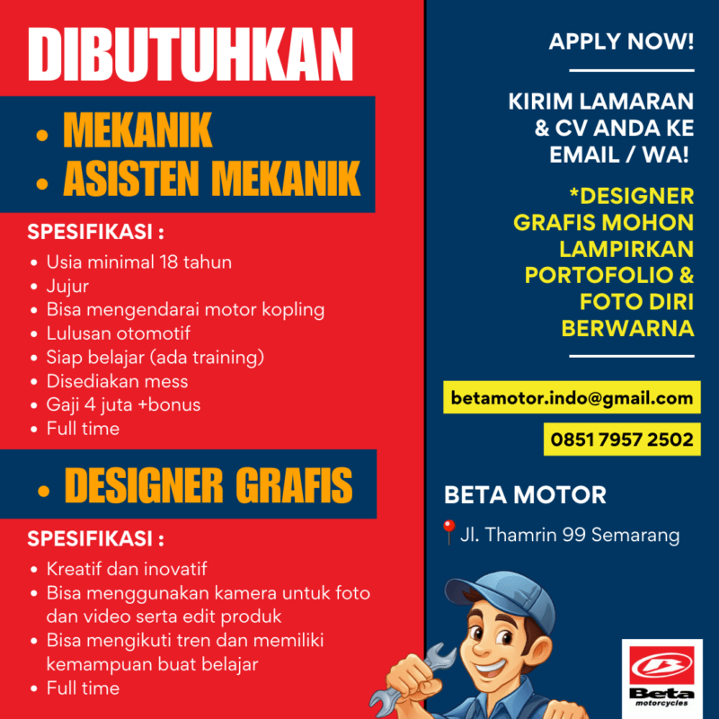 Lowongan Kerja Mekanik - Asisten Mekanik - Designer Grafis di Beta Motor - LokerJogja.ID