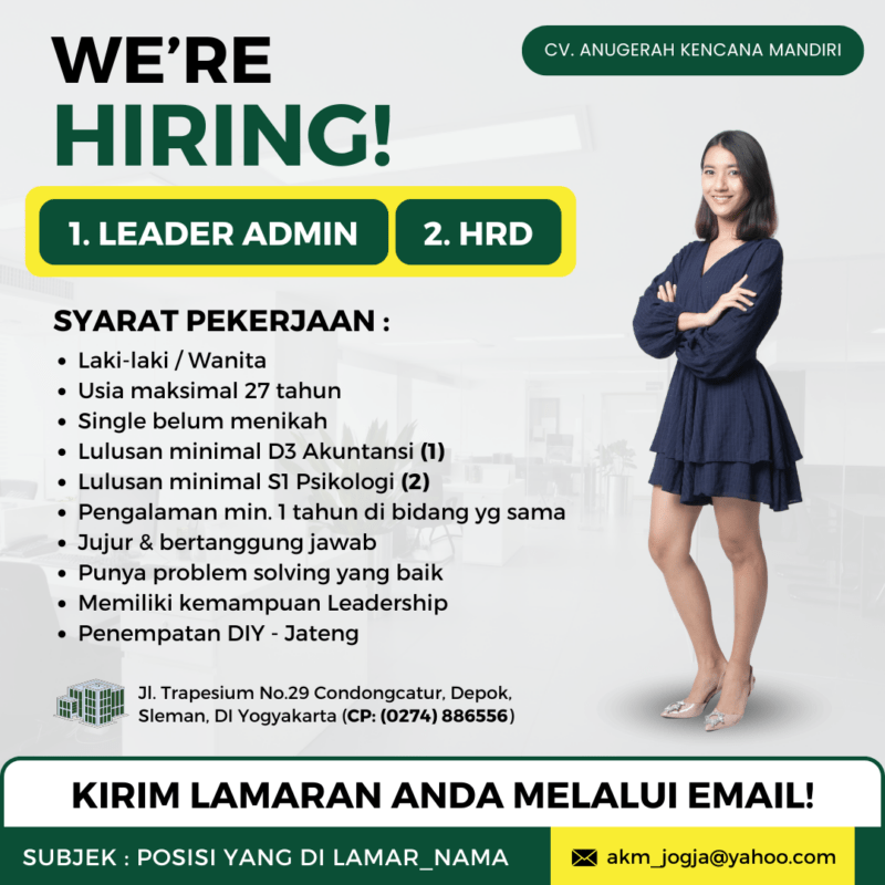 Lowongan Kerja Leader Admin - HRD di CV. Anugerah Kencana Mandiri - LokerJogja.ID