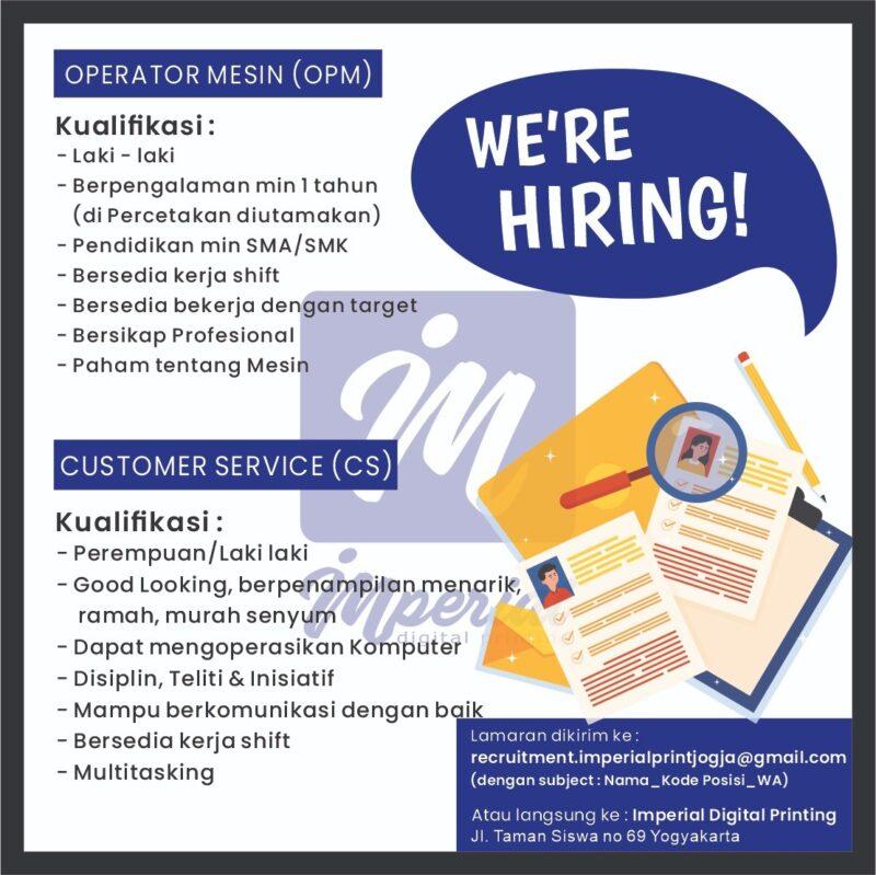 Lowongan Kerja Operator Mesin - Customer Service di CV. Imperial Digital Printing - LokerJogja.ID