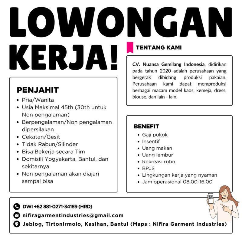 Lowongan Kerja Penjahit - Fashion Designer - HRD Pengembangan SDM di CV. Nuansa Gemilang ...