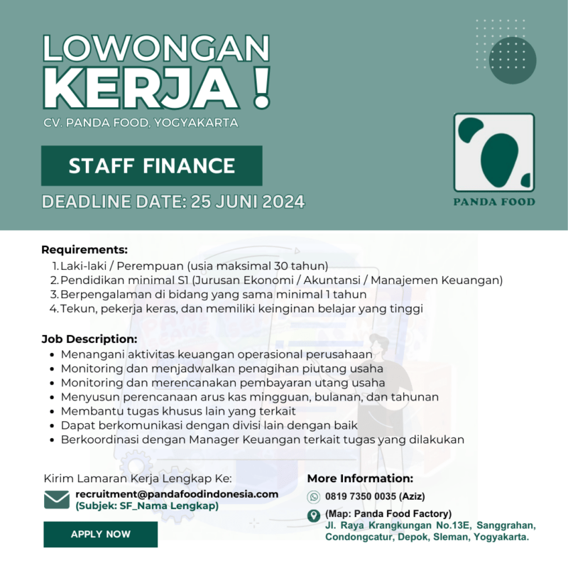Lowongan Kerja Staff Finance - Tim Produksi - Admin Piutang di CV. Panda Food Indonesia ...
