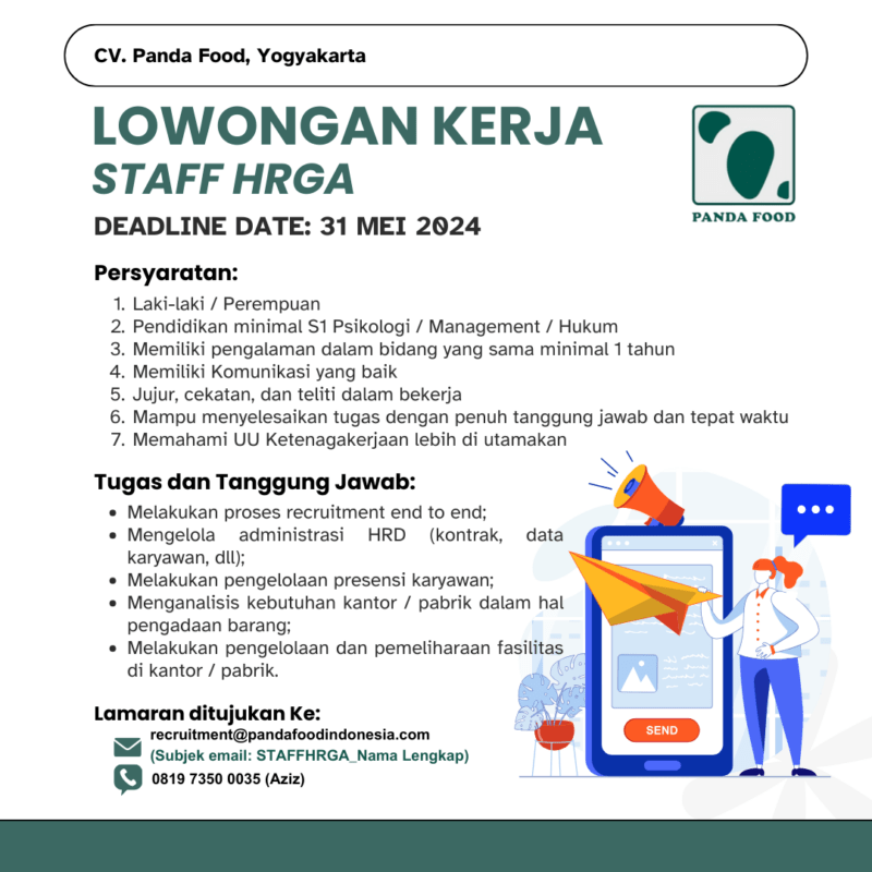 Lowongan Kerja Staff HRGA di CV. Panda Food Indonesia - LokerJogja.ID