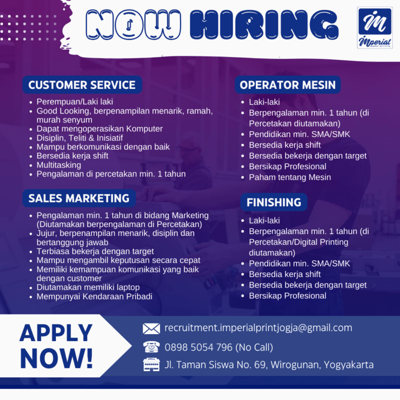 Lowongan Kerja Operator Mesin - Finishing - Sales Marketing - Customer Service di CV. Imperial ...