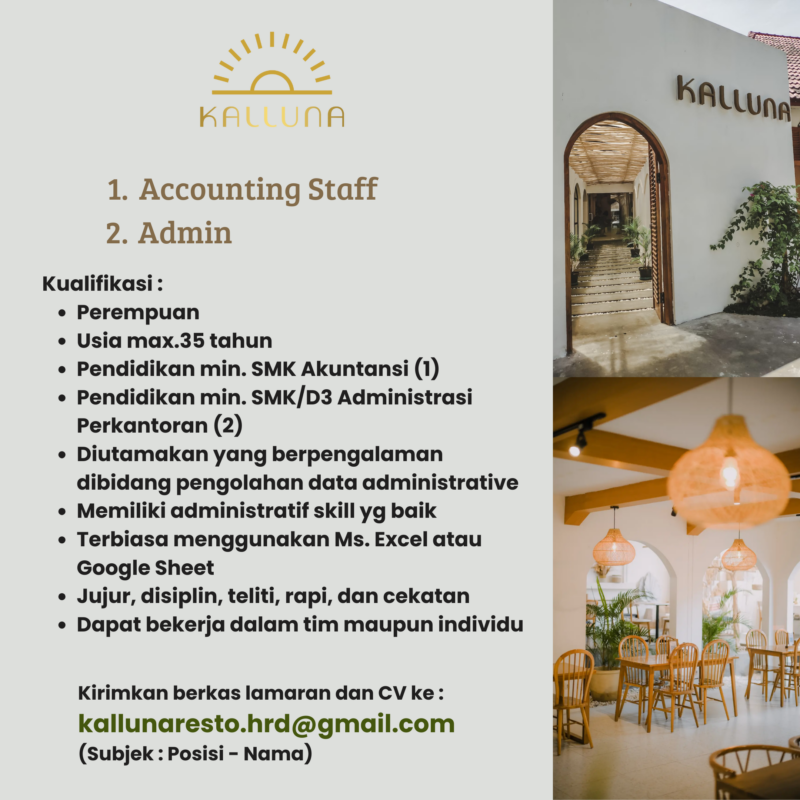 Lowongan Kerja Accounting Staff - Admin di Kalluna - LokerJogja.ID
