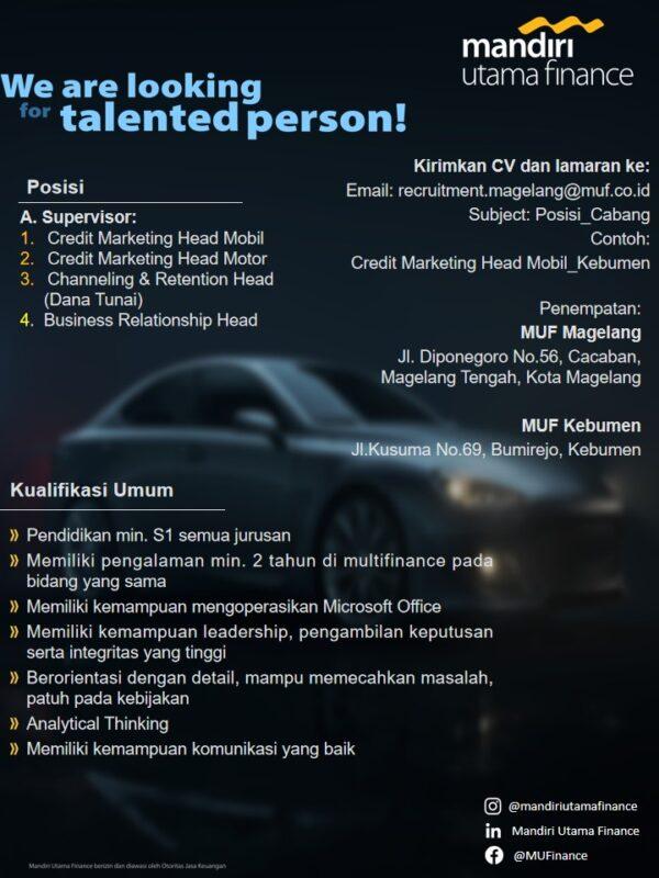 Lowongan Kerja Supervisor - Staff di PT. Mandiri Utama Finance Magelang & Kebumen - LokerJogja.ID