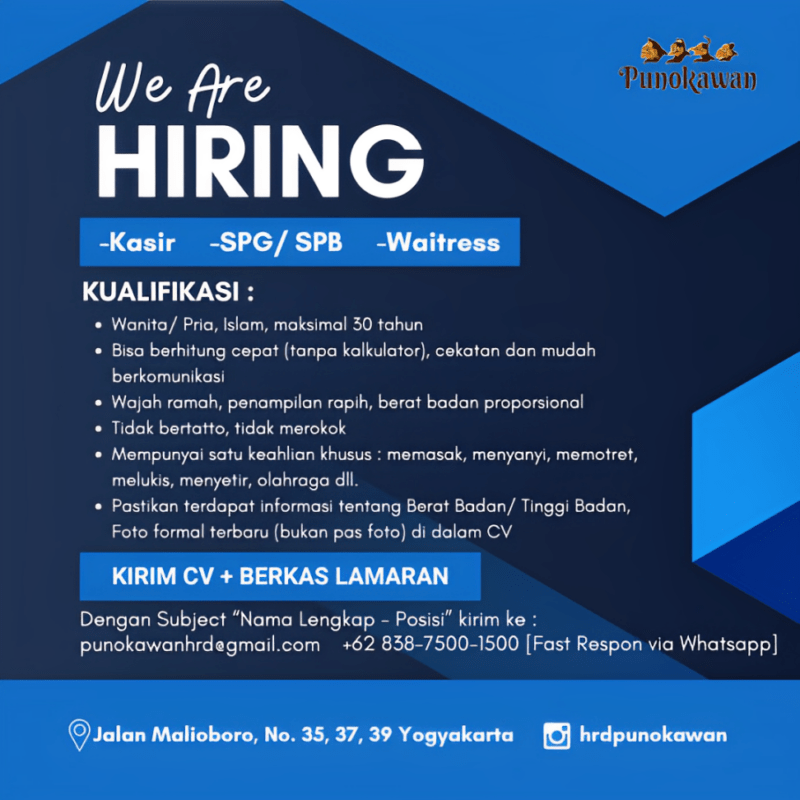 Lowongan Kerja Kasir - SPG/ SPB - Waitress di Punokawan - LokerJogja.ID