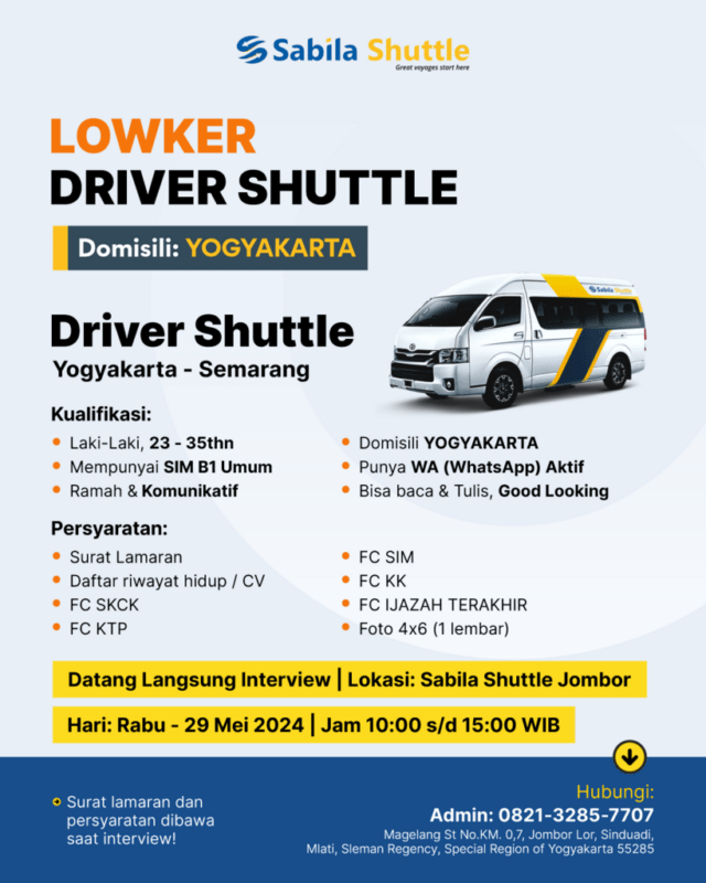 Lowongan Kerja Driver Shuttle di Sabila Shuttle - LokerJogja.ID