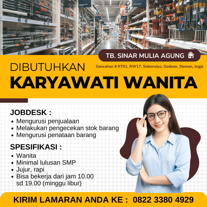 Lowongan Kerja Karyawati Wanita di TB. Sinar Mulia Agung Godean ...