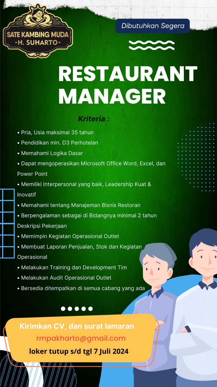 Lowongan Kerja Restaurant Manager di Sate Tegal Kambing Muda H Suharto ...