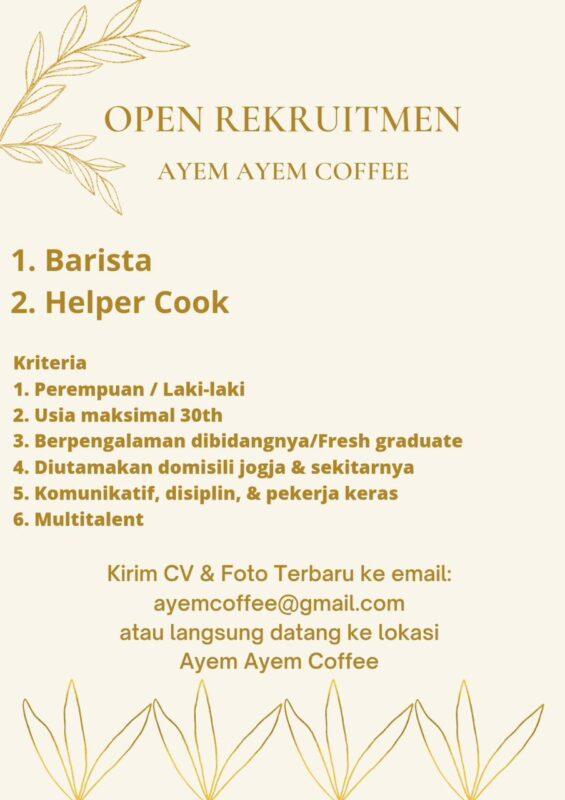 Lowongan Kerja Barista - Helper Cook di Ayem-Ayem Coffee - LokerJogja.ID