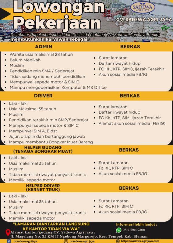 Lowongan Kerja Admin - Driver - Helper Gudang - Helper Driver - Sales ...