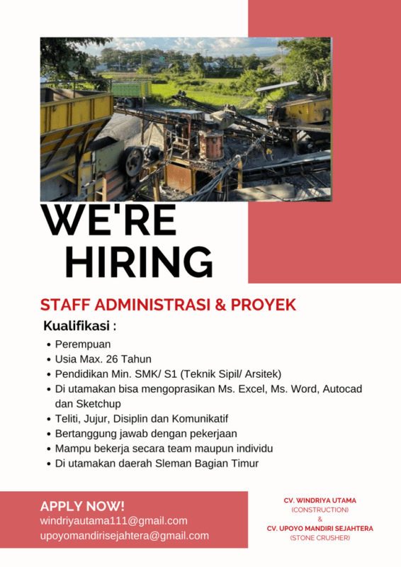 Lowongan Kerja Staff Administrasi dan Proyek di CV. Upoyo Mandiri Sejahtera - LokerJogja.ID