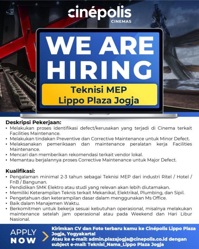Lowongan Kerja Teknisi MEP di Cinepolis Lippo Plaza Jogja - LokerJogja.ID