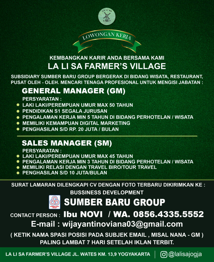 Lowongan Kerja Sales Manager - General Manager di La Li Sa Farmer's ...