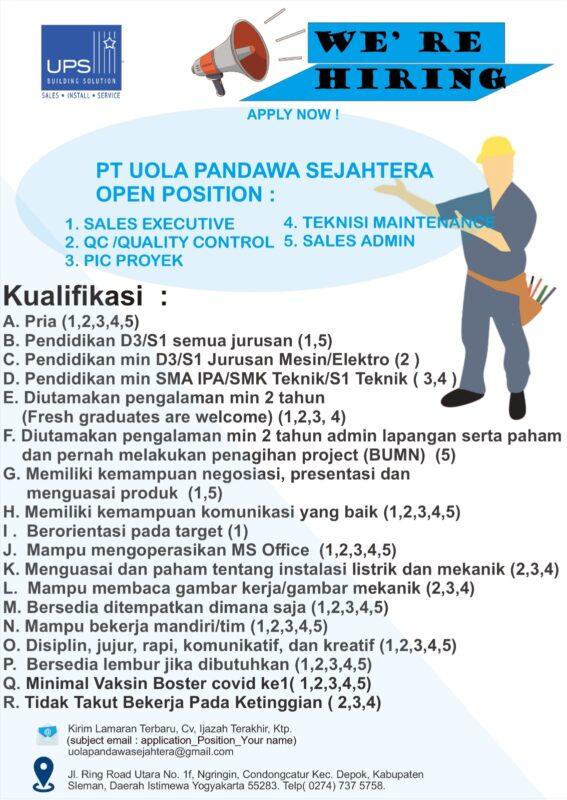 Lowongan Kerja Sales Executive - QC - PIC Proyek - Teknisi Maintenance - Sales Admin di PT. Uola ...
