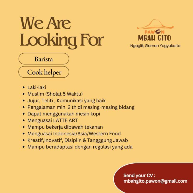 Lowongan Kerja Barista - Cook Helper di Pawon Mbah Gito - LokerJogja.ID