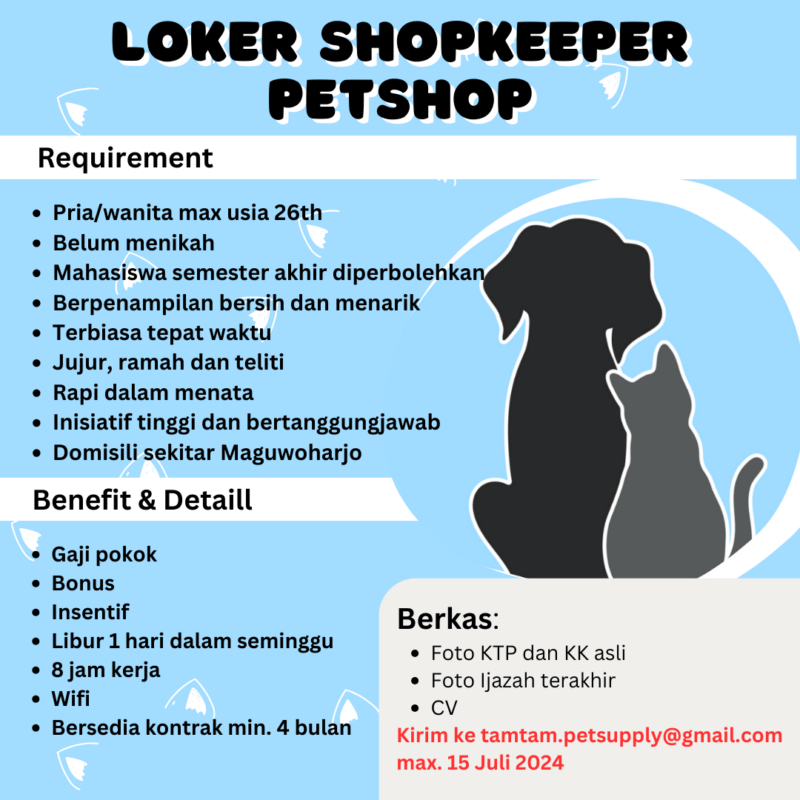 Lowongan Kerja Shopkeeper di Tamtam Petshop - LokerJogja.ID