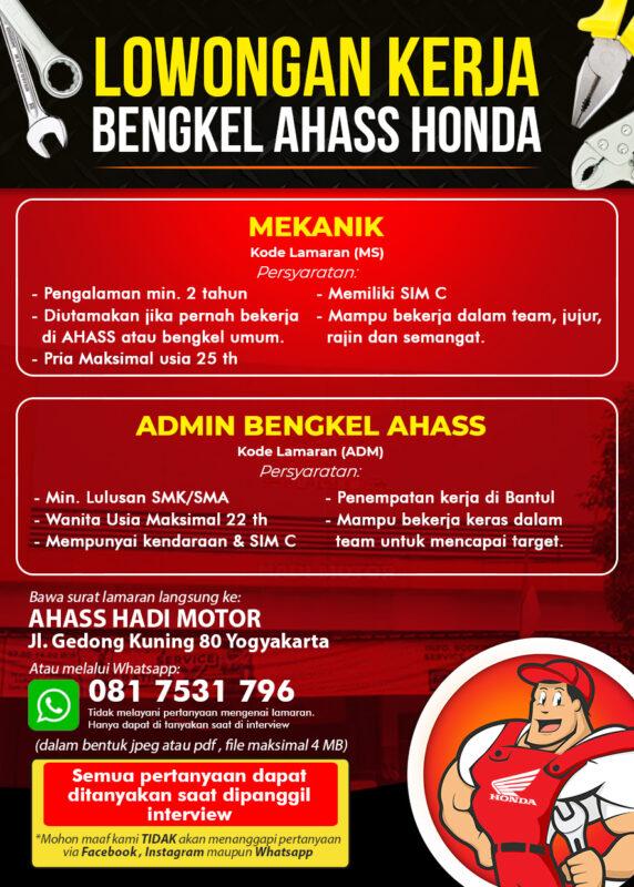 Lowongan Kerja Mekanik - Admin Bengkel Ahass di Ahass Hadi Motor - LokerJogja.ID