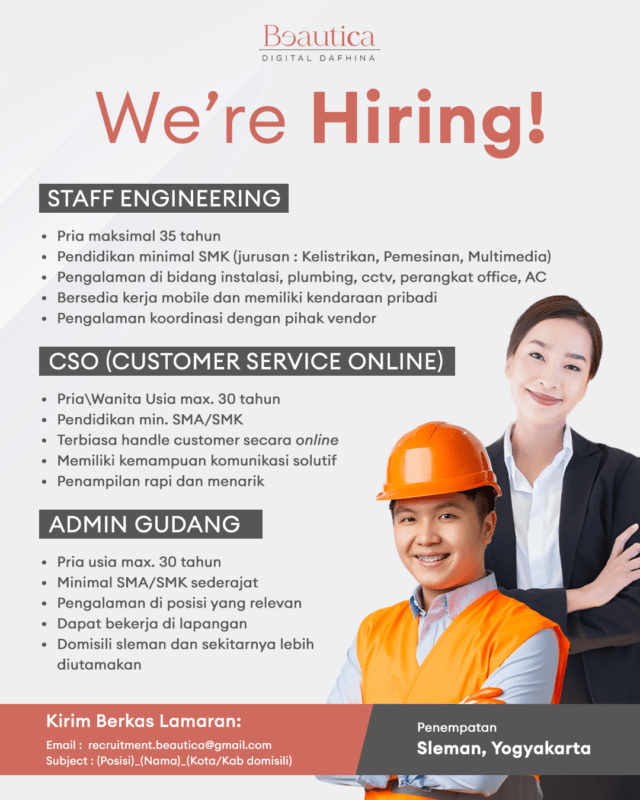 Lowongan Kerja Staff Engineering - CSO -Admin Gudang di Beautica Digital Dafhina - LokerJogja.ID