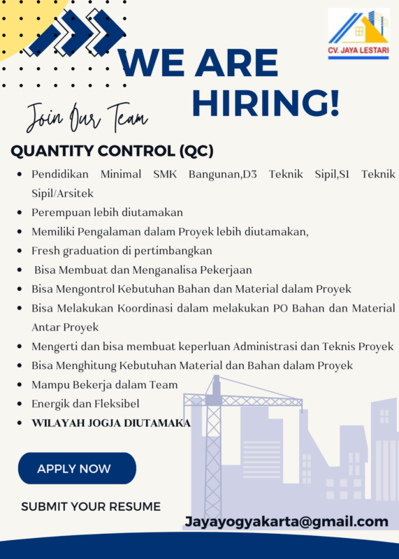Lowongan Kerja Quantity Control (QC) di CV. Jaya Lestari - LokerJogja.ID