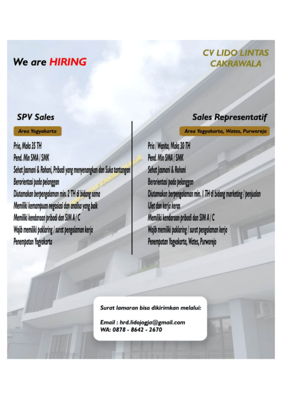 Lowongan Kerja SPV Sales - Sales Representatif - Accounting di CV. Lido ...