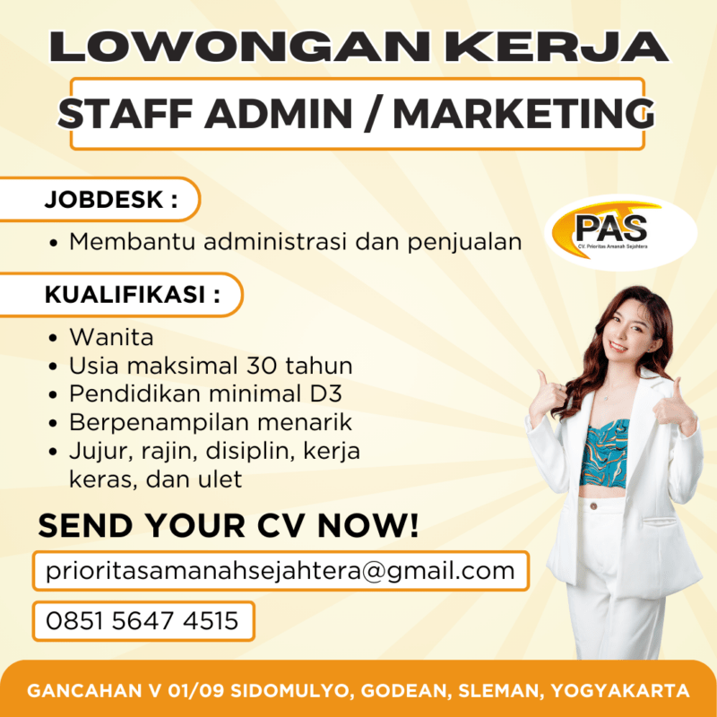 Lowongan Kerja Staff Admin/Marketing di CV. Prioritas Amanah Sejahtera - LokerJogja.ID