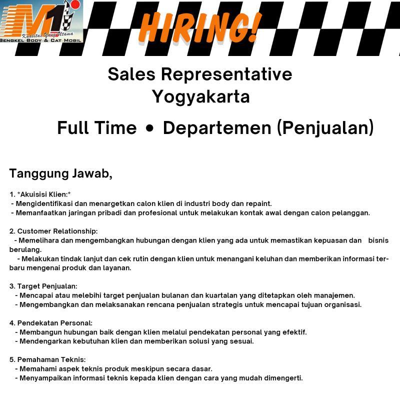 Lowongan Kerja Staff Penjualan/Sales Representative di M1 Bengkel Cat And Body Repair ...