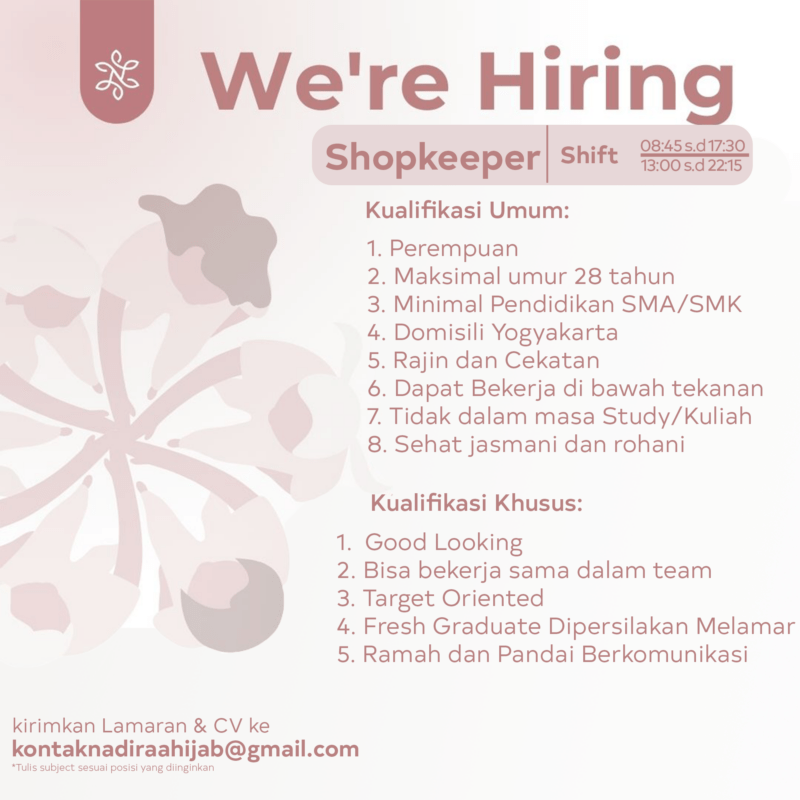 Lowongan Kerja Shopkeeper di Nadiraa Hijab - LokerJogja.ID