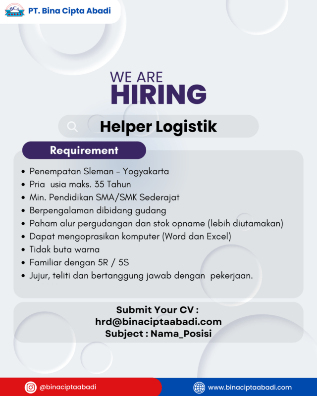 Lowongan Kerja Helper Logistik di PT. Bina Cipta Abadi - LokerJogja.ID