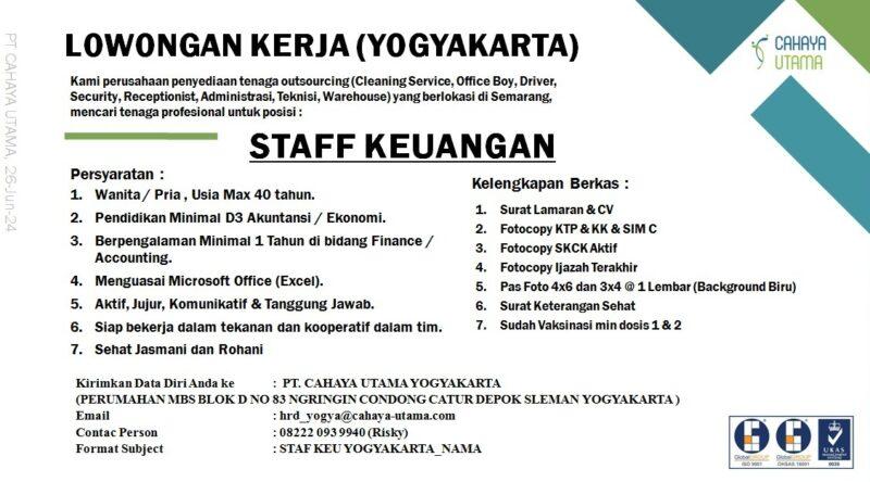 Lowongan Kerja Staf Keuangan di PT. Cahaya Utama - LokerJogja.ID