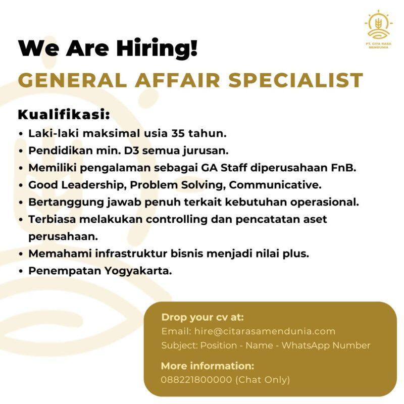 Lowongan Kerja General Affair Specialist di PT. Cita Rasa Mendunia - LokerJogja.ID