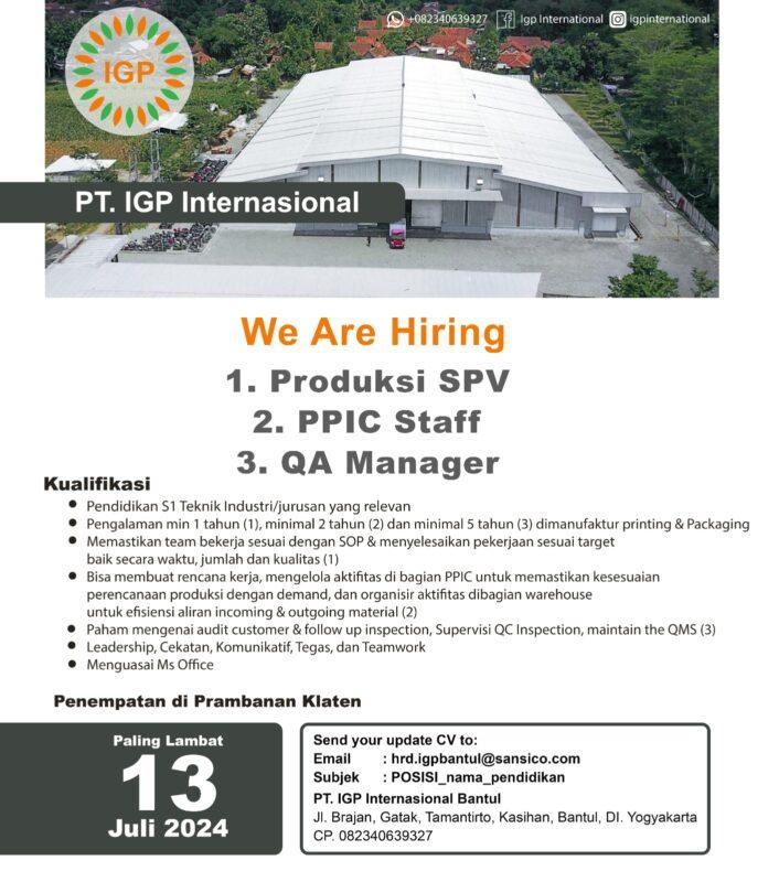 Lowongan Kerja Produksi SPV - PPIC Staff - QA Manager di PT. IGP Internasional - LokerJogja.ID