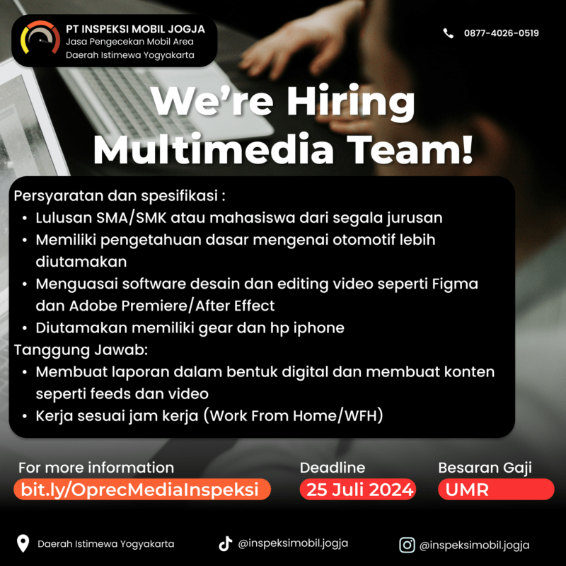 Lowongan Kerja Multimedia Team di PT. Inspeksi Mobil Jogja - LokerJogja.ID