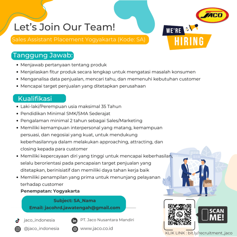 Lowongan Kerja Sales Assistant Jogjakarta di PT. Jaco Nusantara Mandiri - LokerJogja.ID