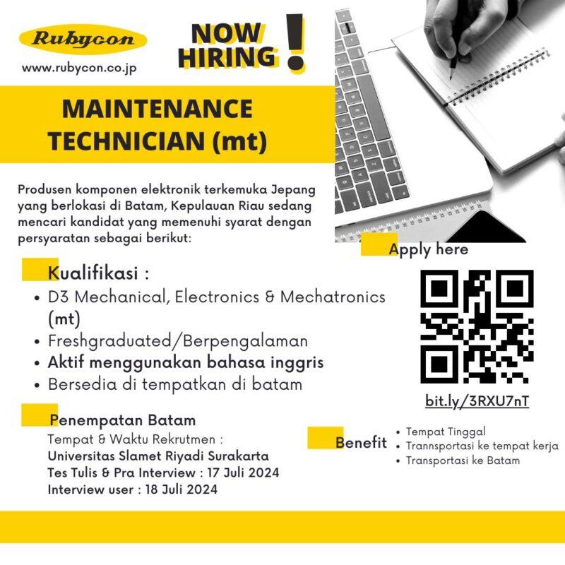 Lowongan Kerja Maintenance Technician di PT. Rubycon - LokerJogja.ID