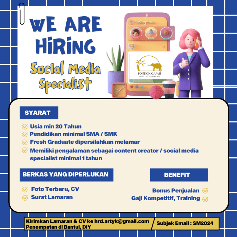 Lowongan Kerja Social Media Specialist di Pondok Gajah Hotel - LokerJogja.ID