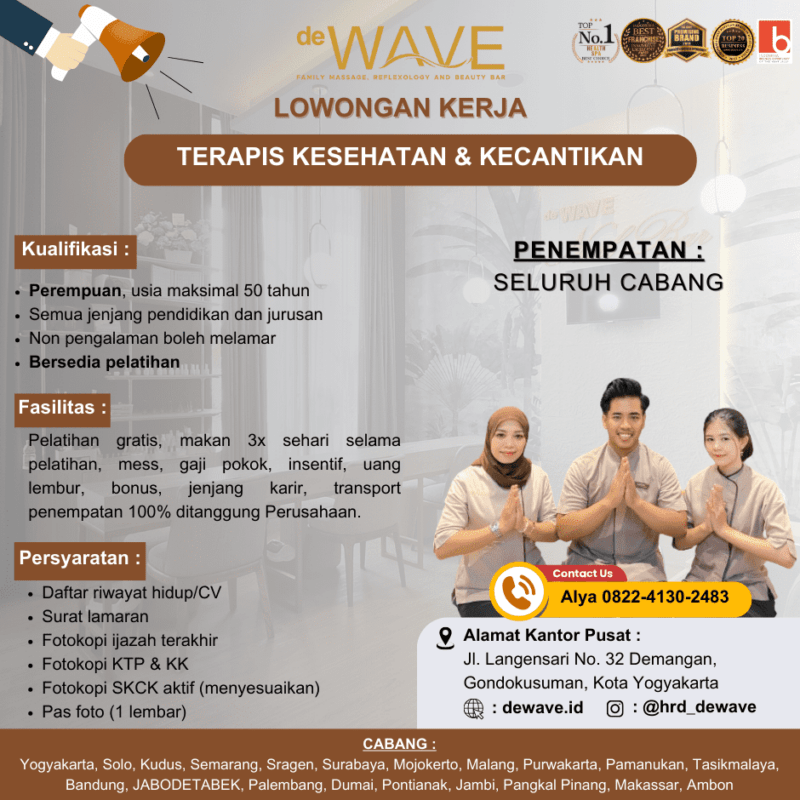 Lowongan Kerja Terapis Kesehatan & Kecantikan di deWAVE Family Massage, Reflexology & Beauty Bar ...