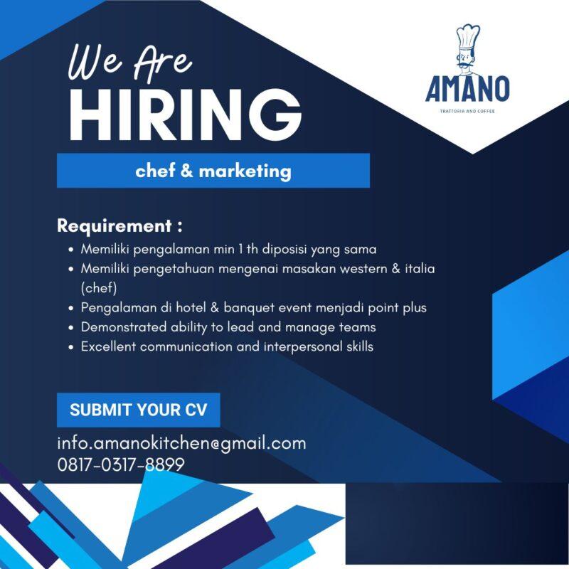 Lowongan Kerja Chef - Marketing di Amano Trattoria & Coffee - LokerJogja.ID