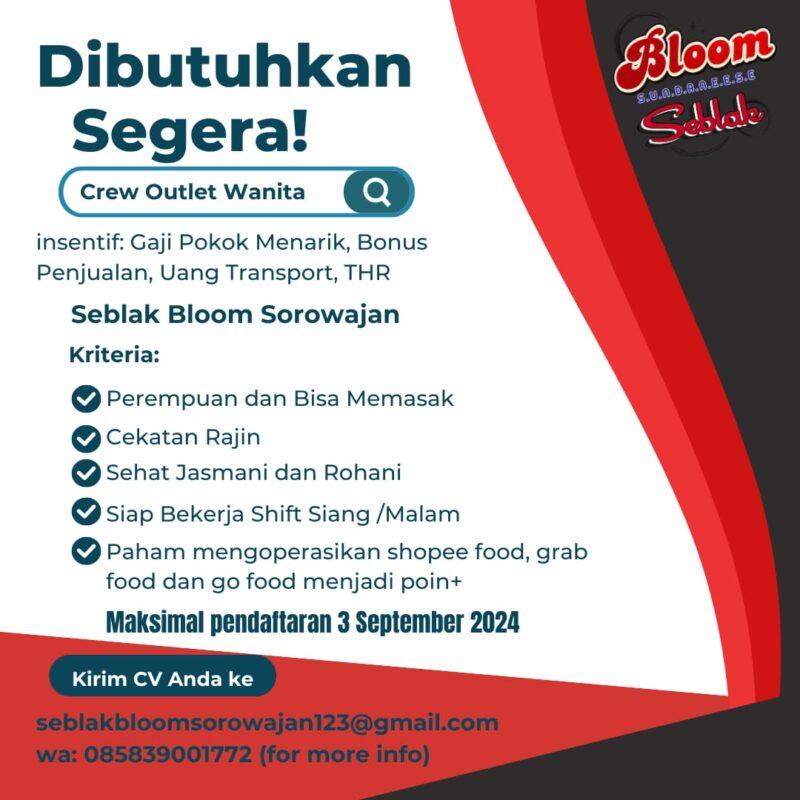 Lowongan Kerja Crew Outlet di Seblak Bloom Sorowajan - LokerJogja.ID