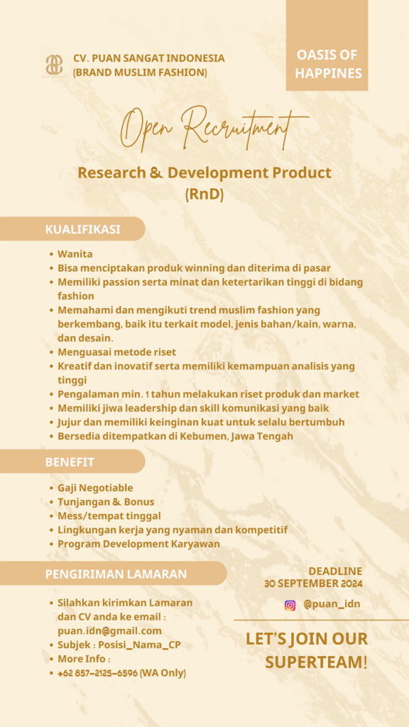 Lowongan Kerja Research & Development Product (RnD) di CV. Puan Sangat ...