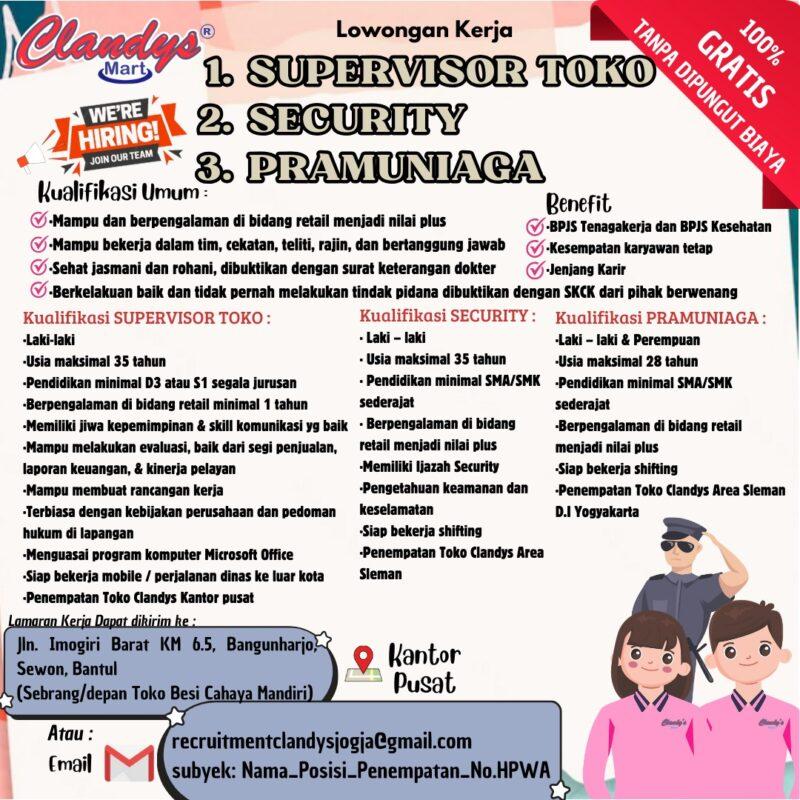 Lowongan Kerja SPV Toko - Security - Pramuniaga di Clandys Mart - LokerJogja.ID