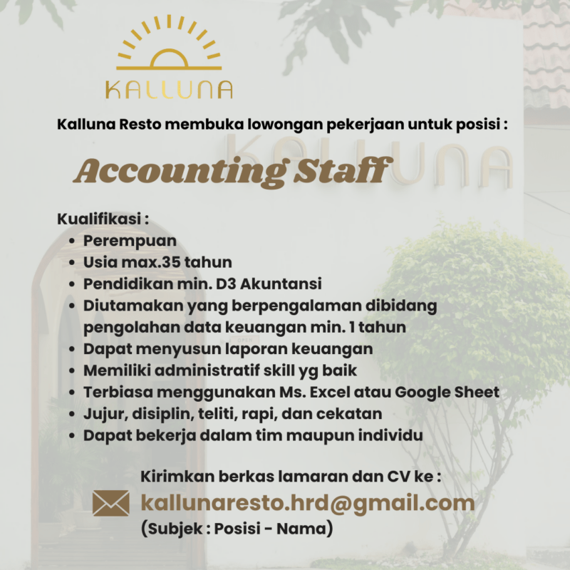 Lowongan Kerja Accounting Staff di Kalluna - LokerJogja.ID