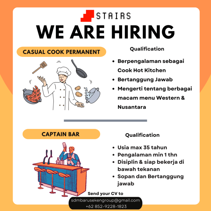 Lowongan Kerja Casual Cook Permanent - Captain Bartender di Stairs By Seken Living - LokerJogja.ID