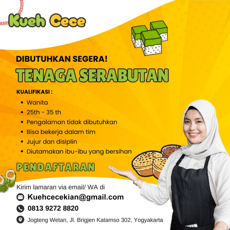 Lowongan Kerja Tenaga Serabutan di Toko Kueh Cece - LokerJogja.ID