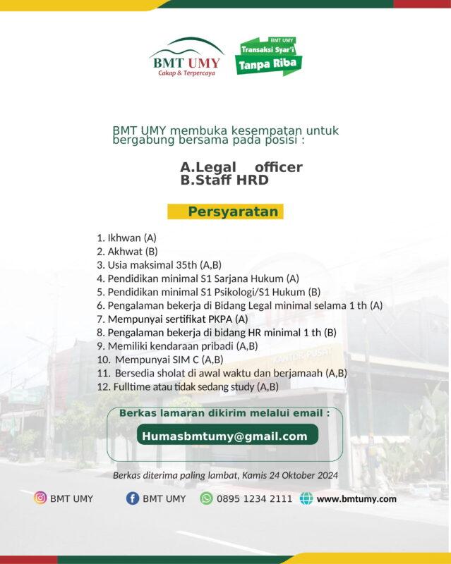 Lowongan Kerja Legal Officer - Staff HRD di BMT UMY - LokerJogja.ID