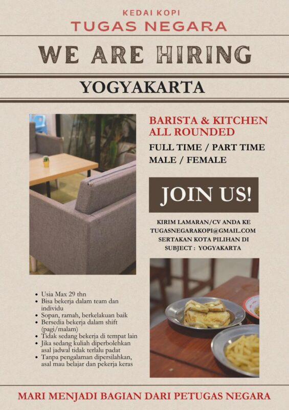 Lowongan Kerja Barista & Kitchen di Kedai Kopi Tugas Negara - LokerJogja.ID